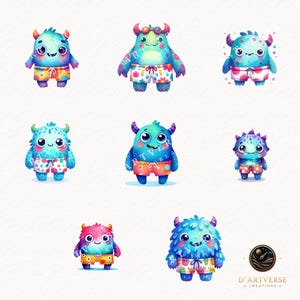 Cute Swimming Monster Clipart Bundle Watercolor Summer PNG Digital ...