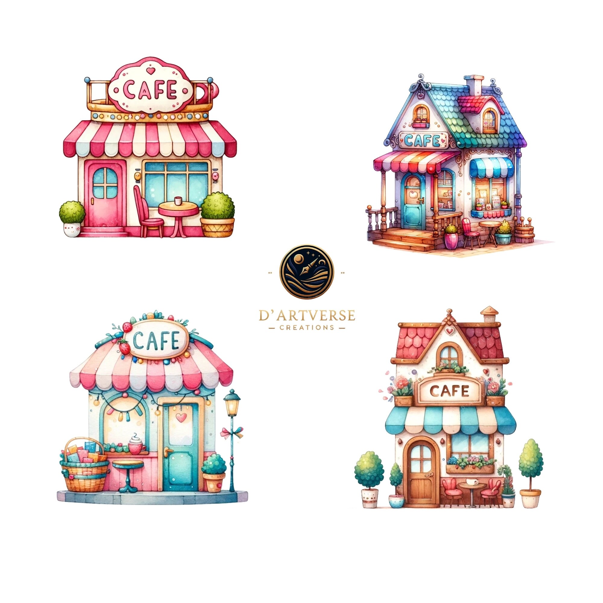 Watercolor Cute Cafe Clipart Digital Cafe Graphics PNG Coffee Shop ...