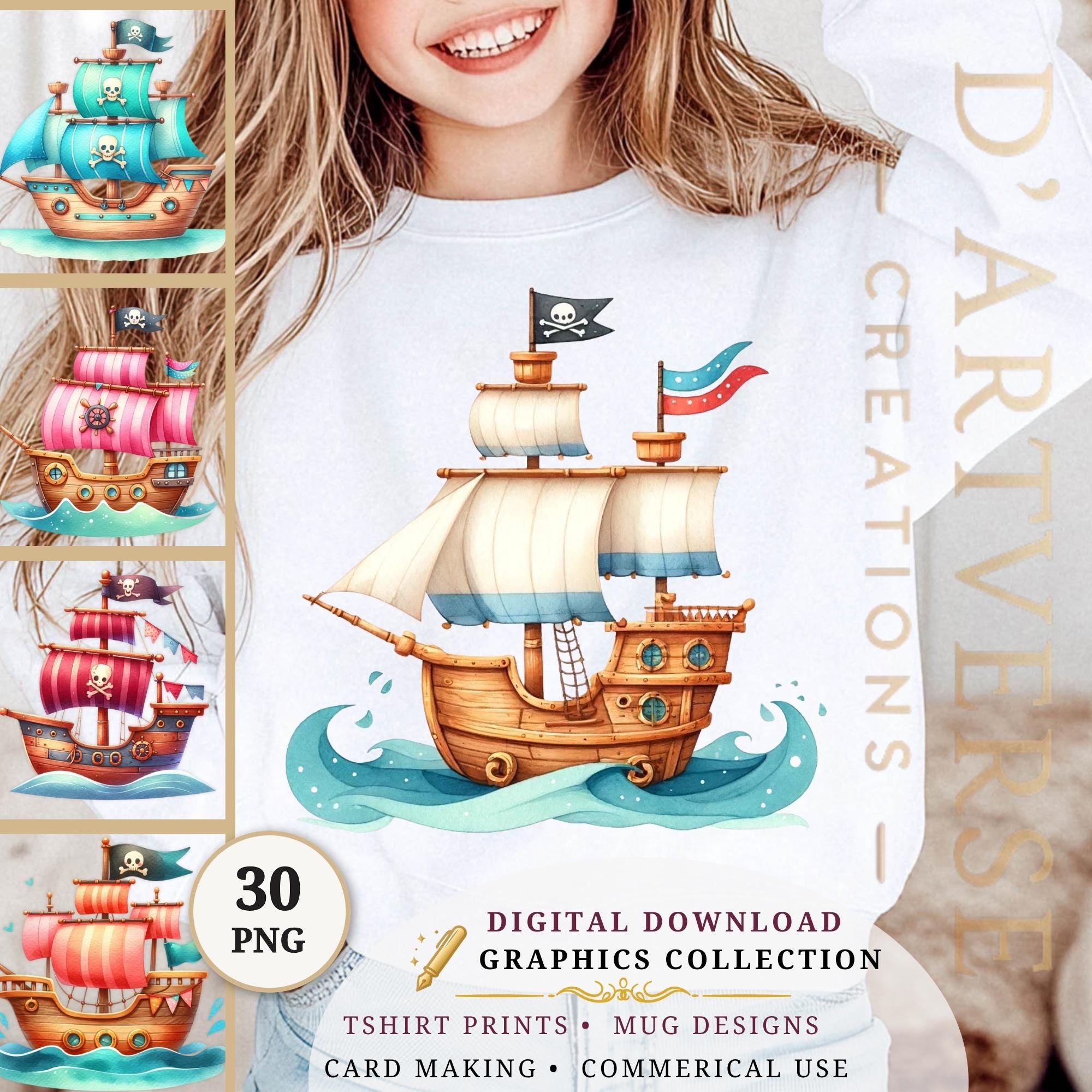 Watercolor Pirate Ships Clipart Bundle Digital Pirate Ship Graphics ...