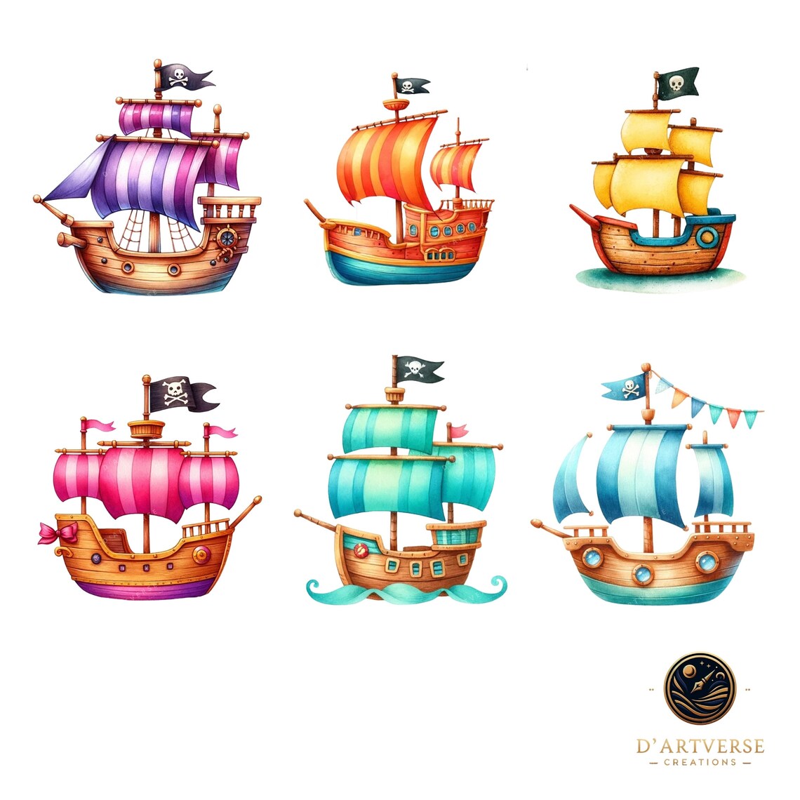 Watercolor Pirate Ships Clipart Bundle Digital Pirate Ship Graphics ...