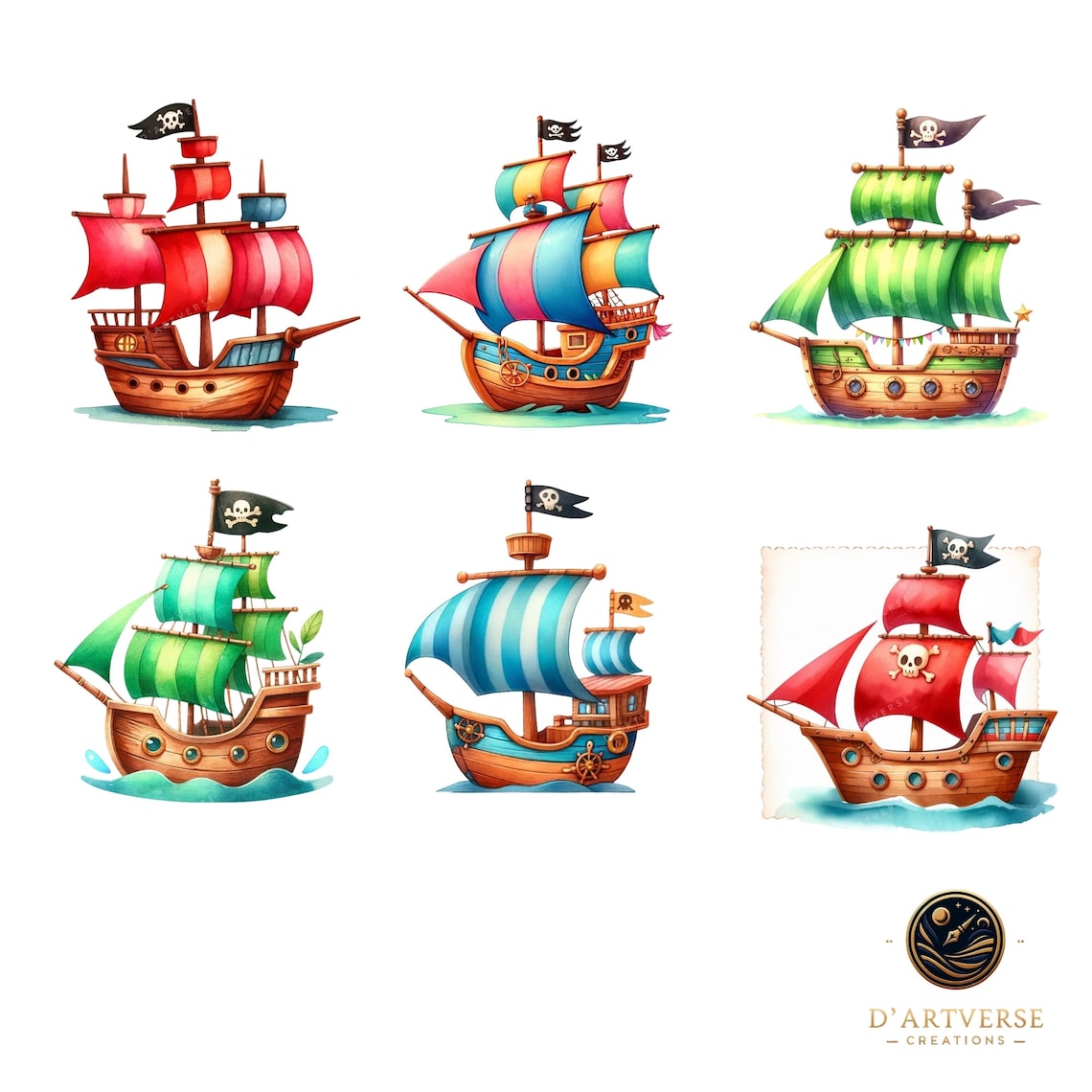 Watercolor Pirate Ships Clipart Bundle Digital Pirate Ship Graphics ...