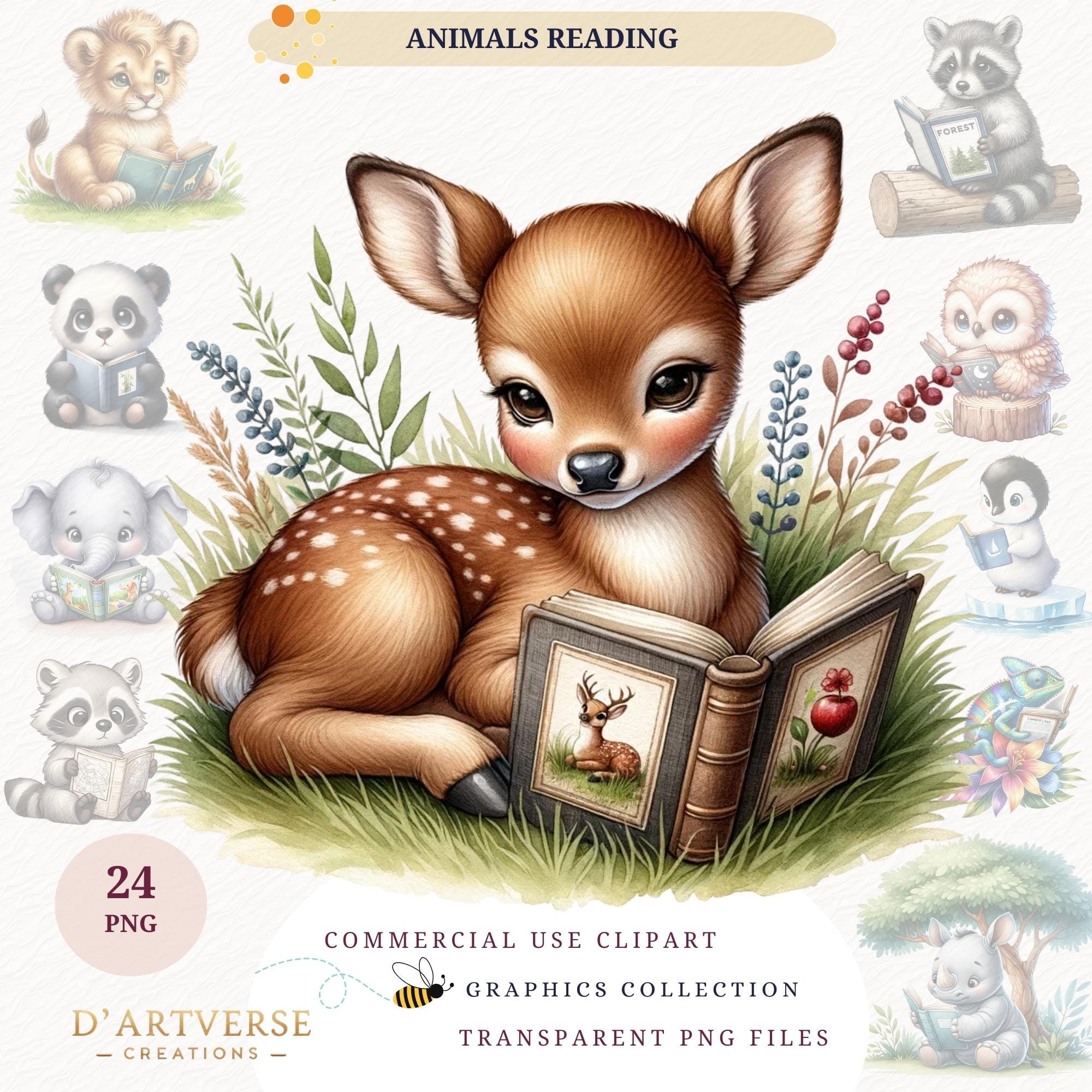 Cute Animals Reading Clipart Book Watercolor Animal Graphics PNG ...