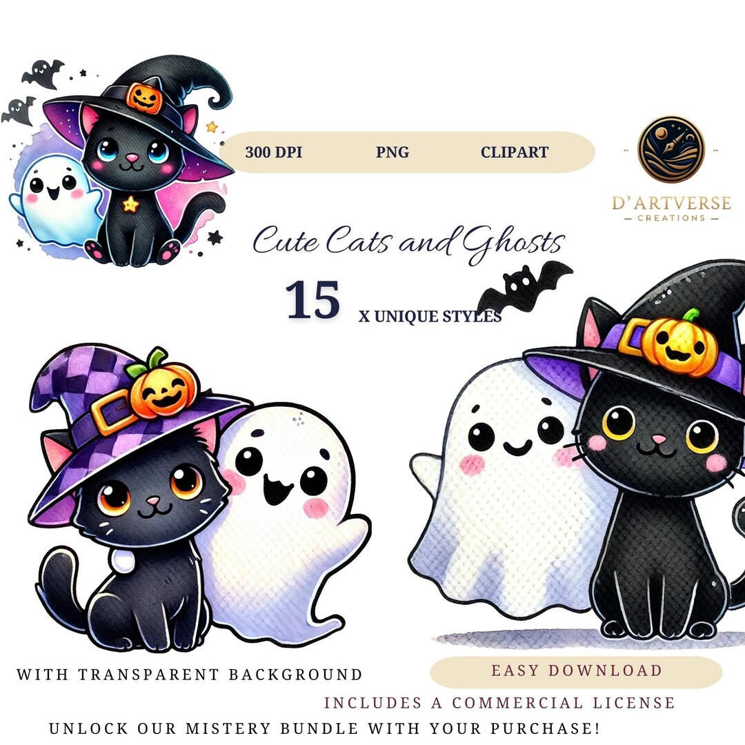 Cute Halloween Clipart Black Cat Ghost Watercolor PNG Witch Hat Clipart ...