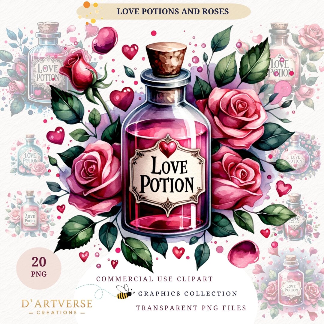 Watercolor Love Potion Clipart Bundle Roses PNG Valentines Day Wedding ...