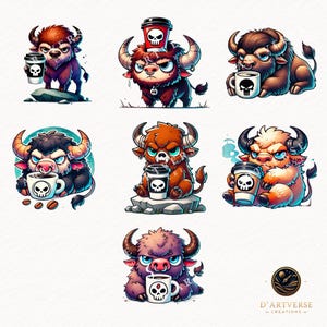 Coffee Lover Bison Clipart Funny Grumpy Buffalo PNG Watercolor Cartoon ...