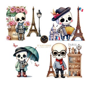 Skeleton Clipart Paris Bundle Watercolor Parisian Skeletons Ballerina ...