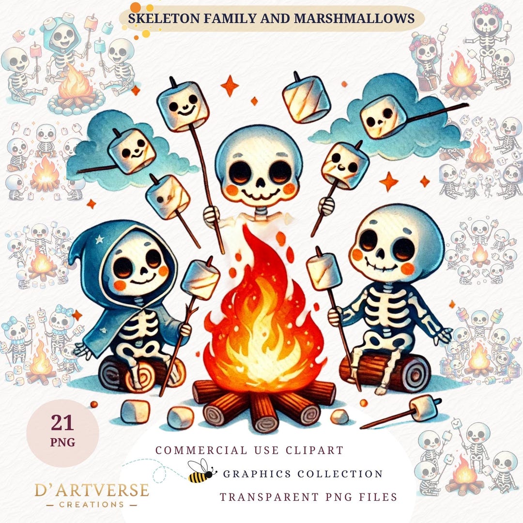 Watercolor Skeleton Family Clipart Cute Marshmallow Campfire PNG ...