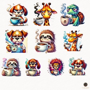 Grumpy Animal Coffee Clipart Bundle Watercolor Funny Animal PNG Coffee ...