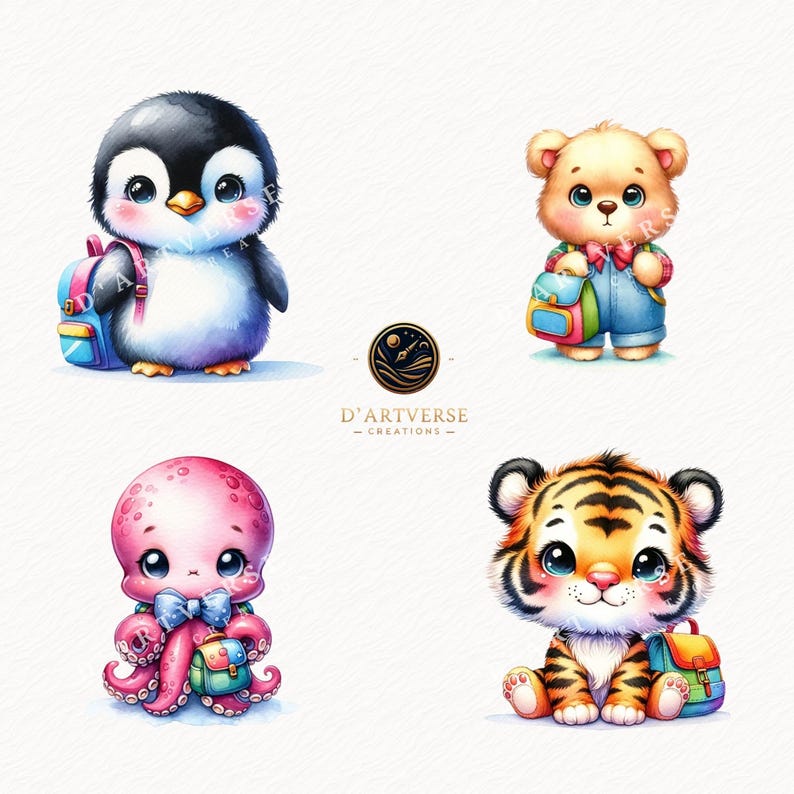Watercolor School Animals Clipart Cute Animal Graphics Back to School ...