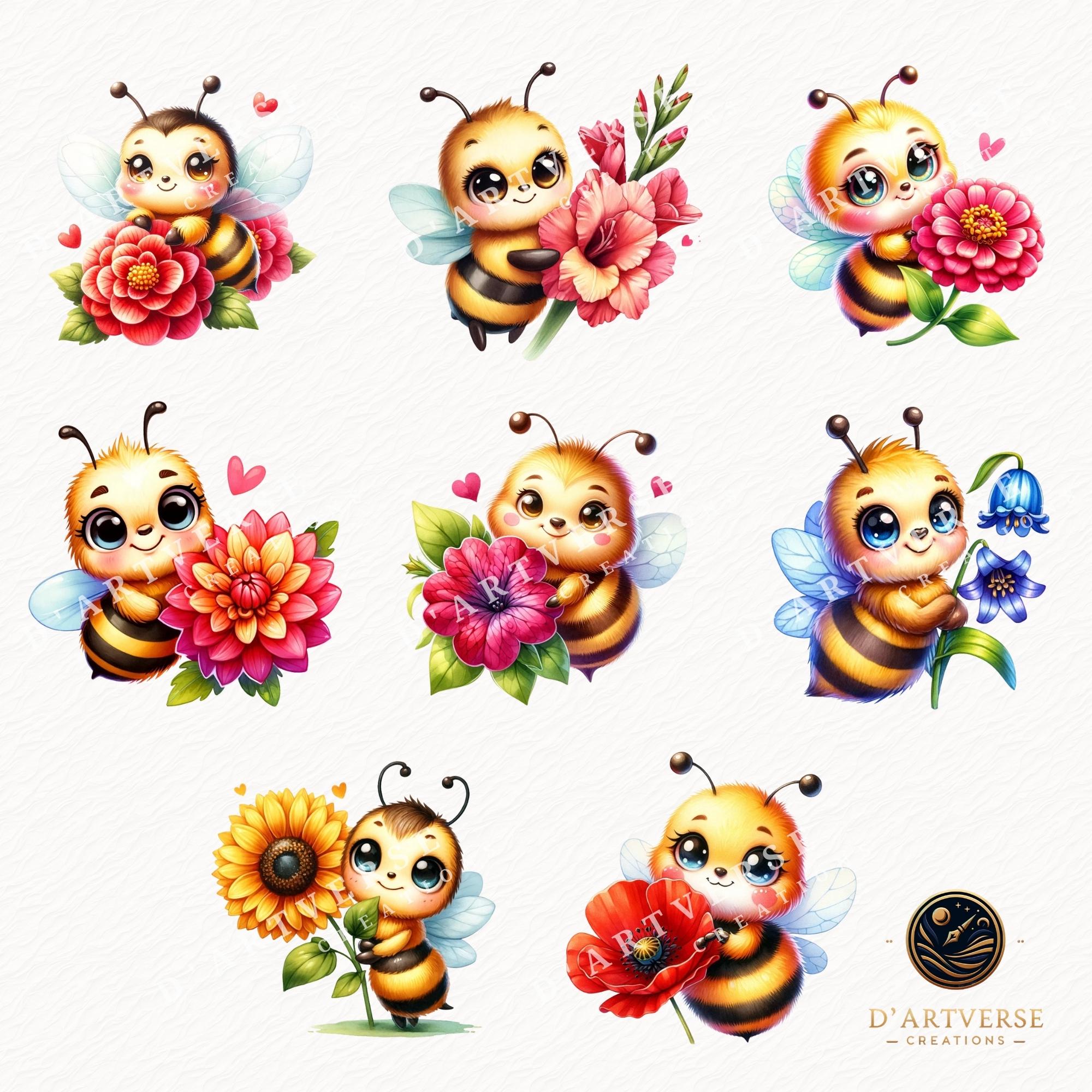 Watercolor Cute Bee Clipart Bundle Floral PNG Nursery Decor Digital ...
