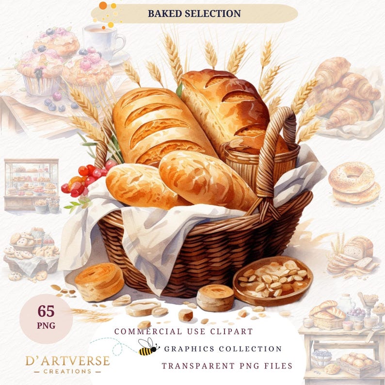 Watercolor Bakery Clipart Bread Croissant French Baguette Png Breakfast ...
