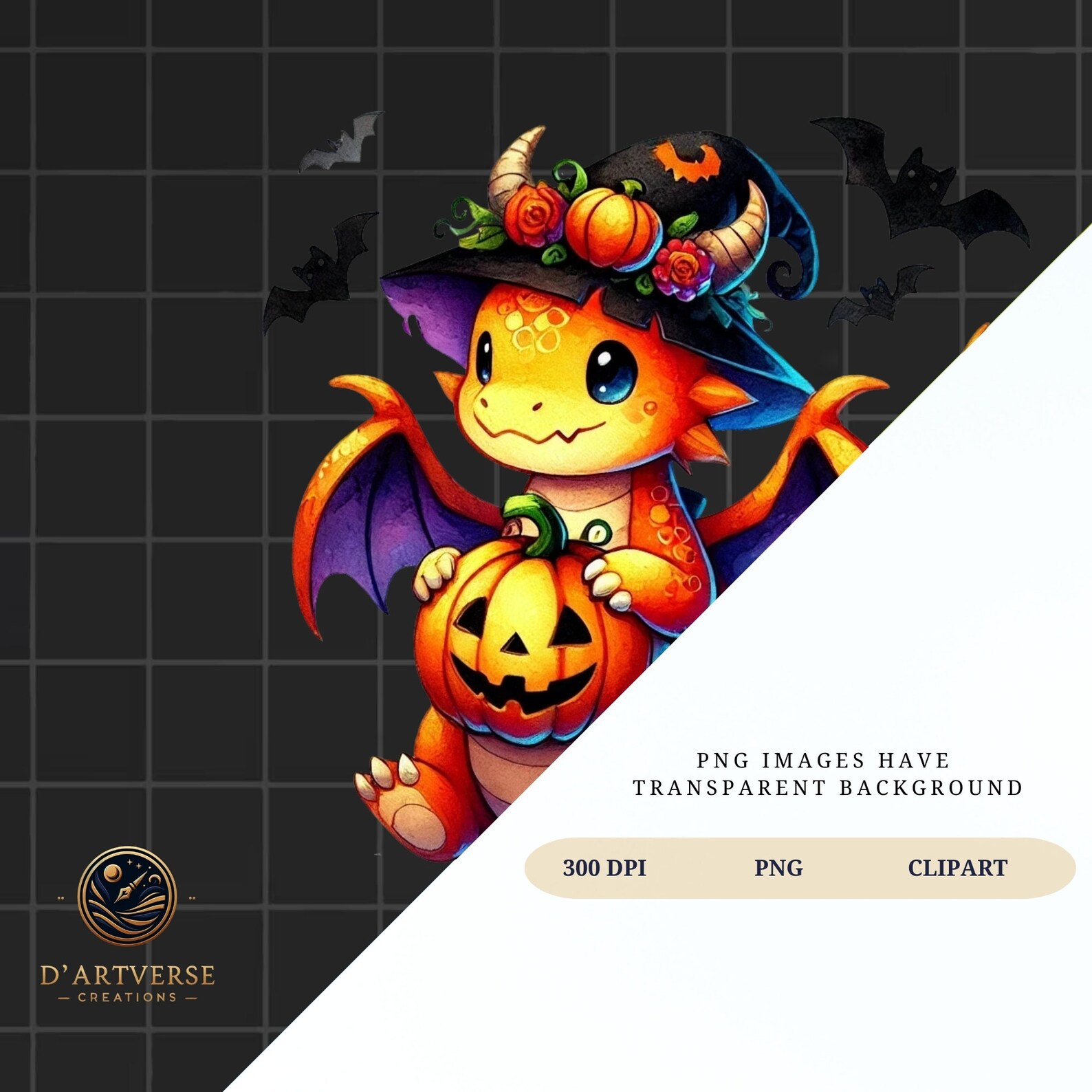Watercolor Halloween Dragons Clipart Cute Dragon PNG Bundle Halloween ...