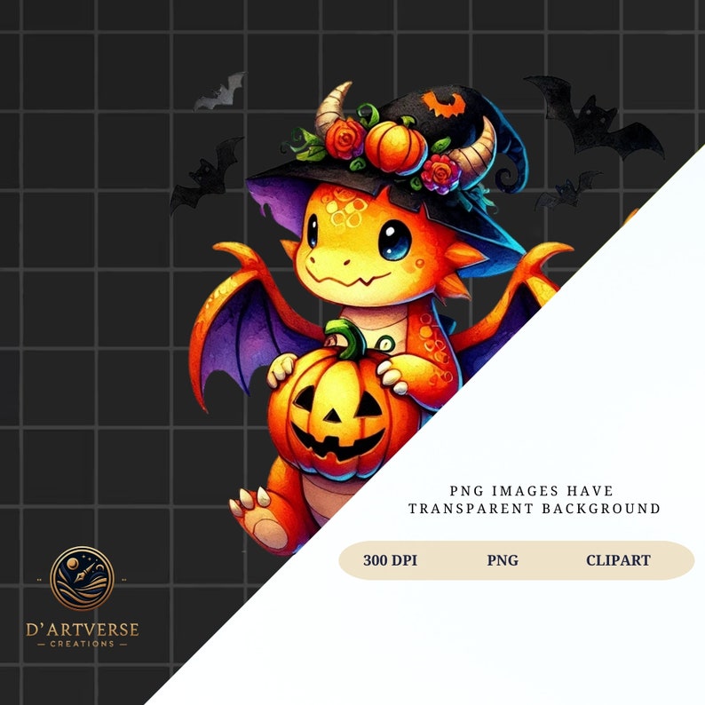Watercolor Halloween Dragons Clipart Cute Dragon PNG Bundle Halloween ...