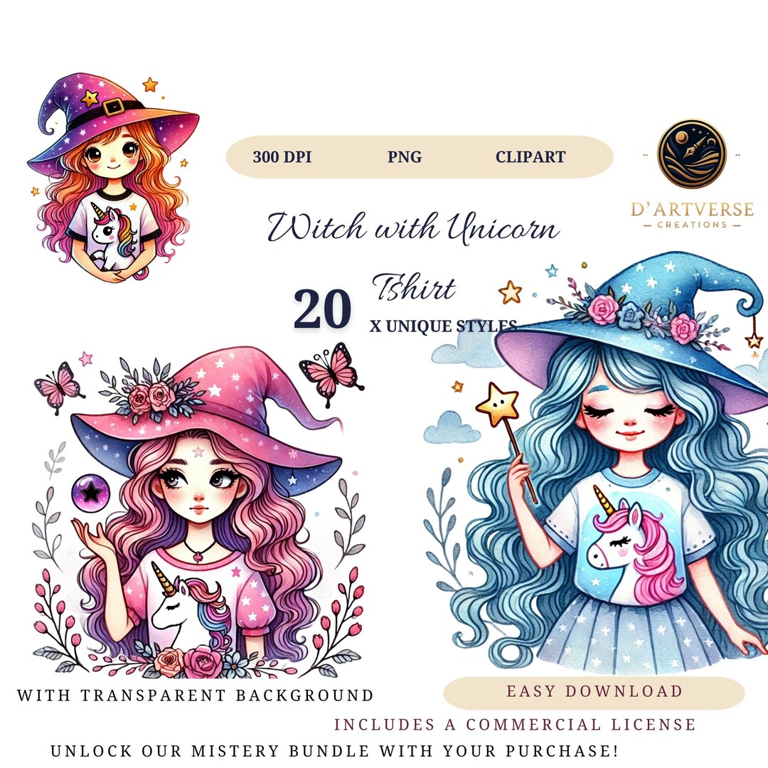 Watercolor Witch Clipart Bundle Unicorn Fantasy Graphic Magical ...