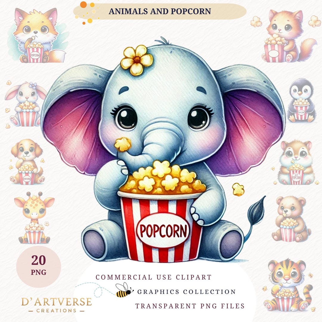 Watercolor Animals Clipart Popcorn Animals Bundle Cute Animal PNG ...