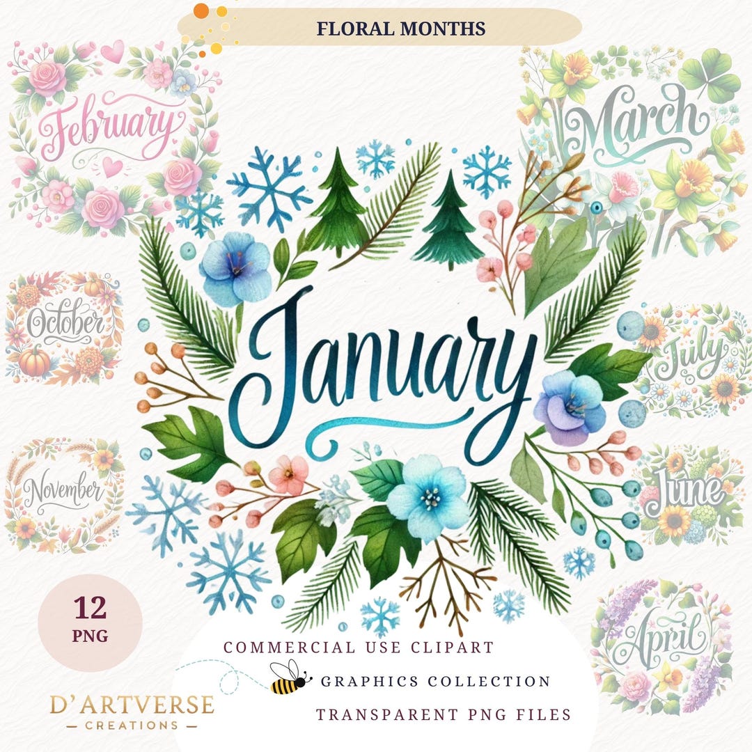 Watercolor Monthly Floral Clipart Seasonal Flower Wreaths PNG Printable ...