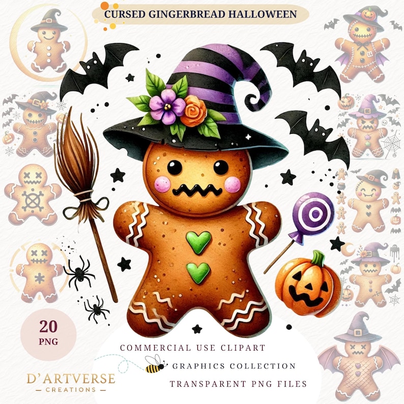 Halloween Gingerbread Man Clipart Set Watercolor Spooky Cookie PNG Cute ...