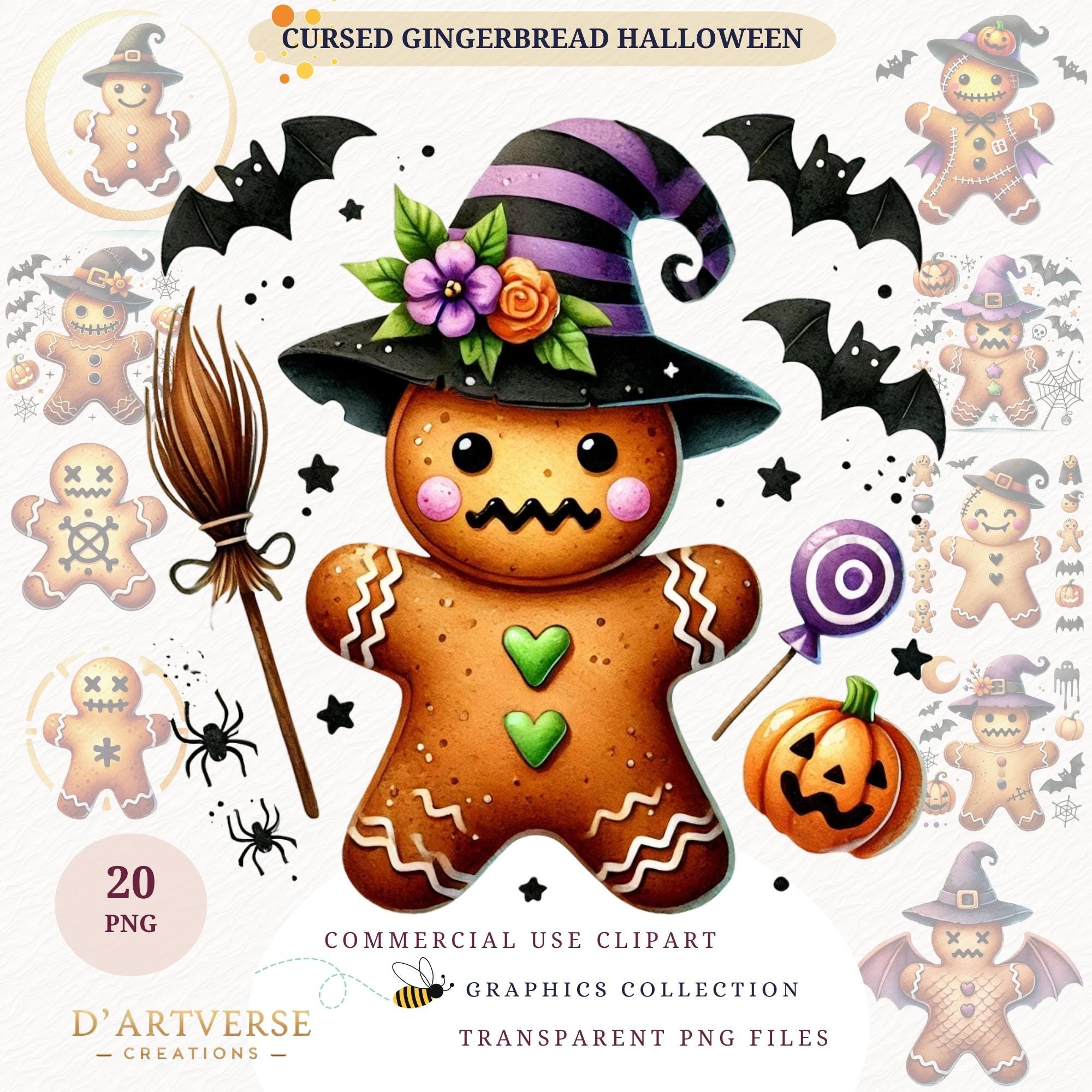 Halloween Gingerbread Man Clipart Set Watercolor Spooky Cookie PNG Cute ...