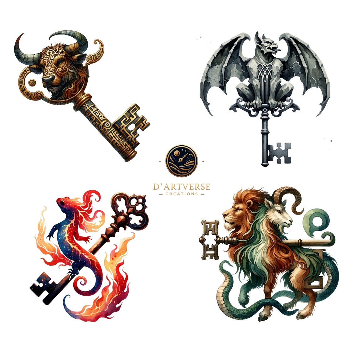 Fantasy Clipart Watercolor Fantasy Digital Mythical Creature Key Magic ...