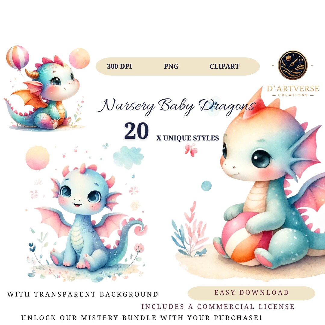 Watercolor Baby Dragon Clipart Cute Animal PNG Bundle Nursery Baby ...