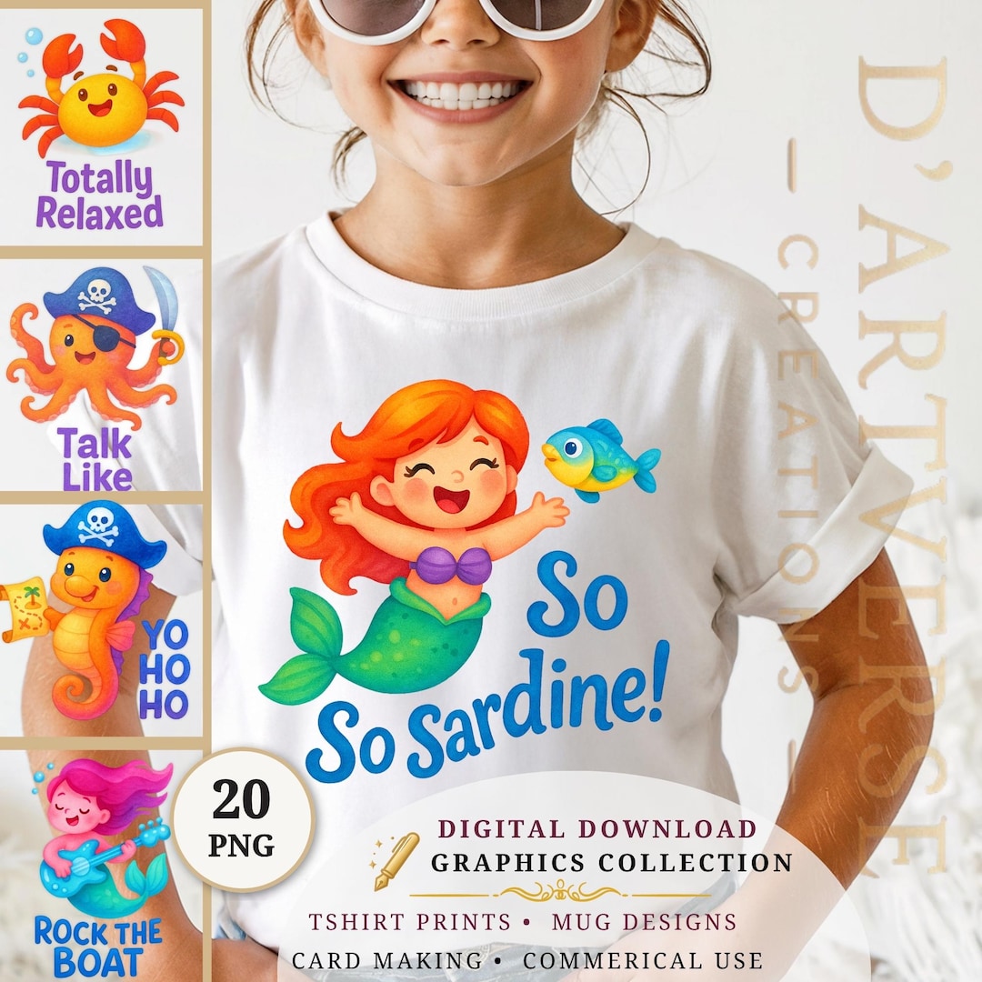 Funny Mermaid Pirate Clipart PNG Cute Ocean Sea Creatures Octopus Fish ...