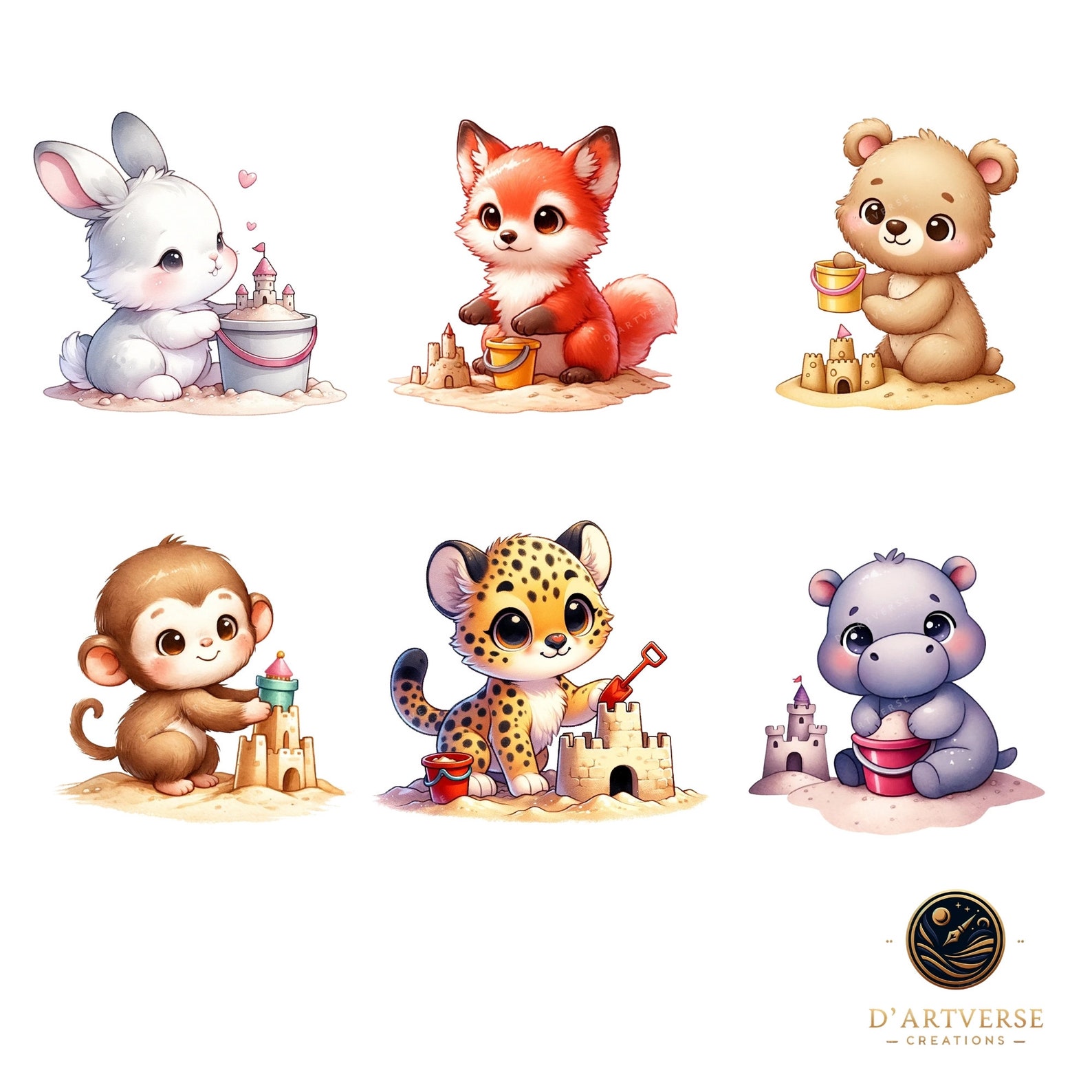 Watercolor Cute Animals Beach Clipart Baby Animal Sandcastle Png Cute ...