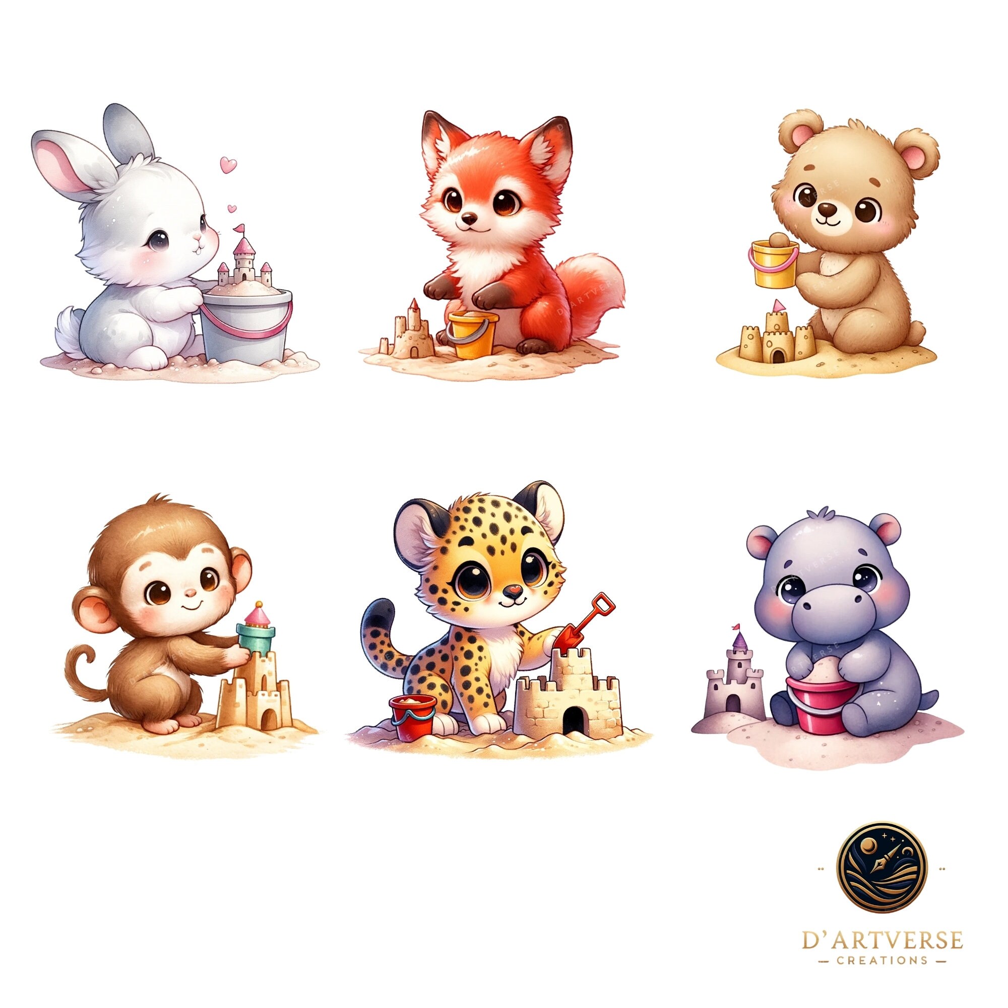 Watercolor Cute Animals Beach Clipart Baby Animal Sandcastle Png Cute ...