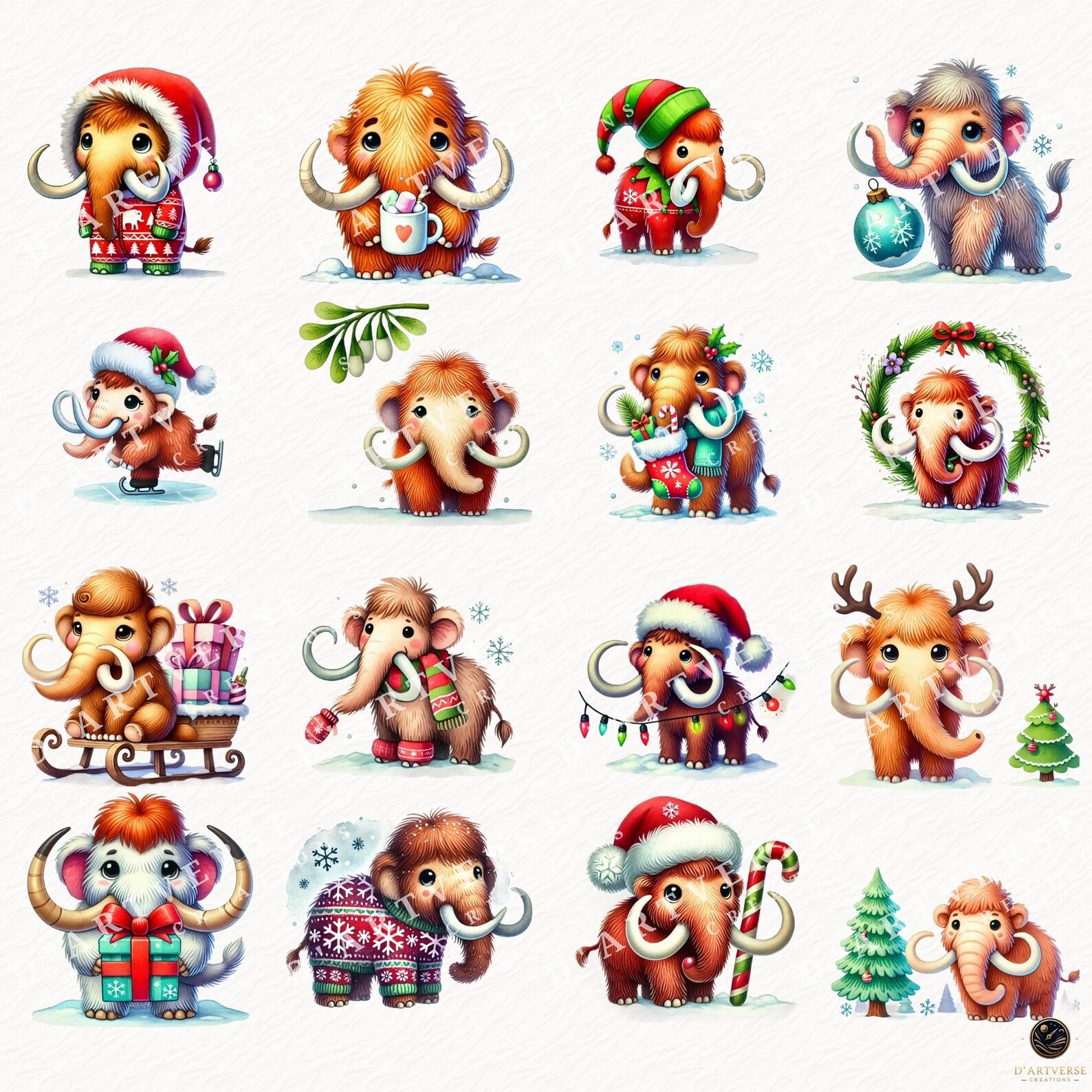 Christmas Mammoth Clipart Bundle Cute Winter Animal PNG Watercolor ...