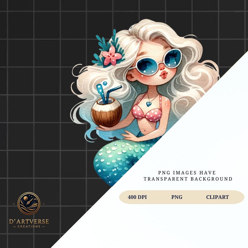 Mermaid Beach Party Clipart Watercolor Mermaid Graphics Summer Party