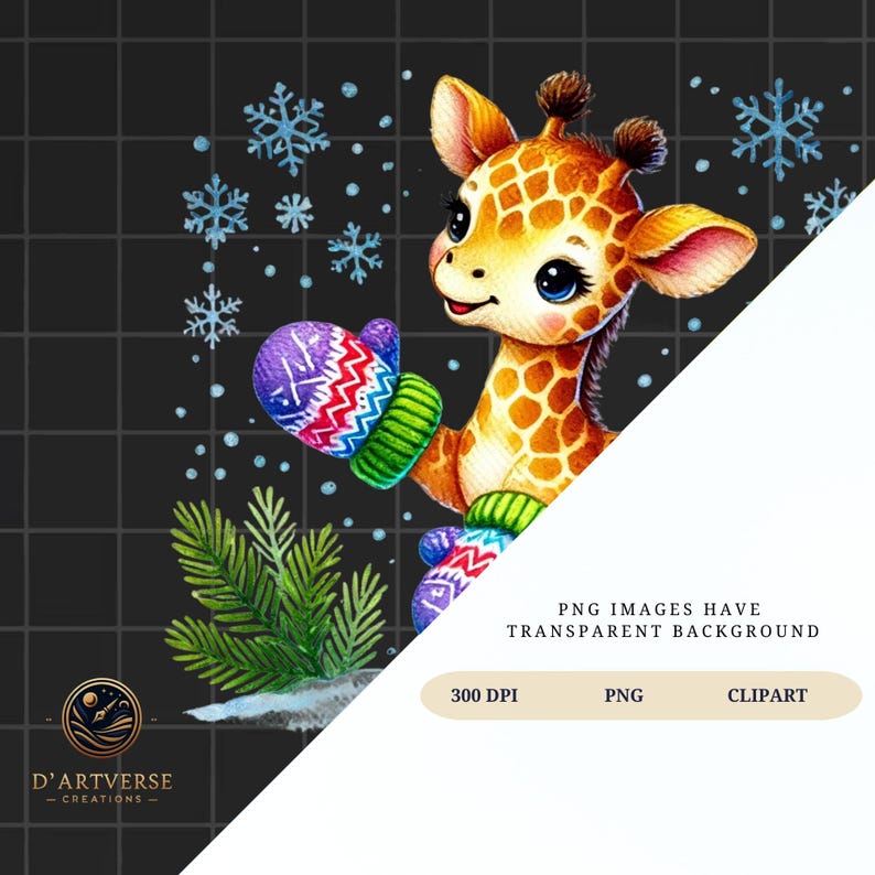 Watercolor Giraffe Winter Clipart Cute Animal Snow PNG Digital Download ...