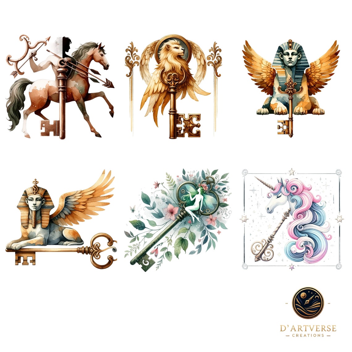Fantasy Clipart Watercolor Fantasy Digital Mythical Creature Key Magic ...