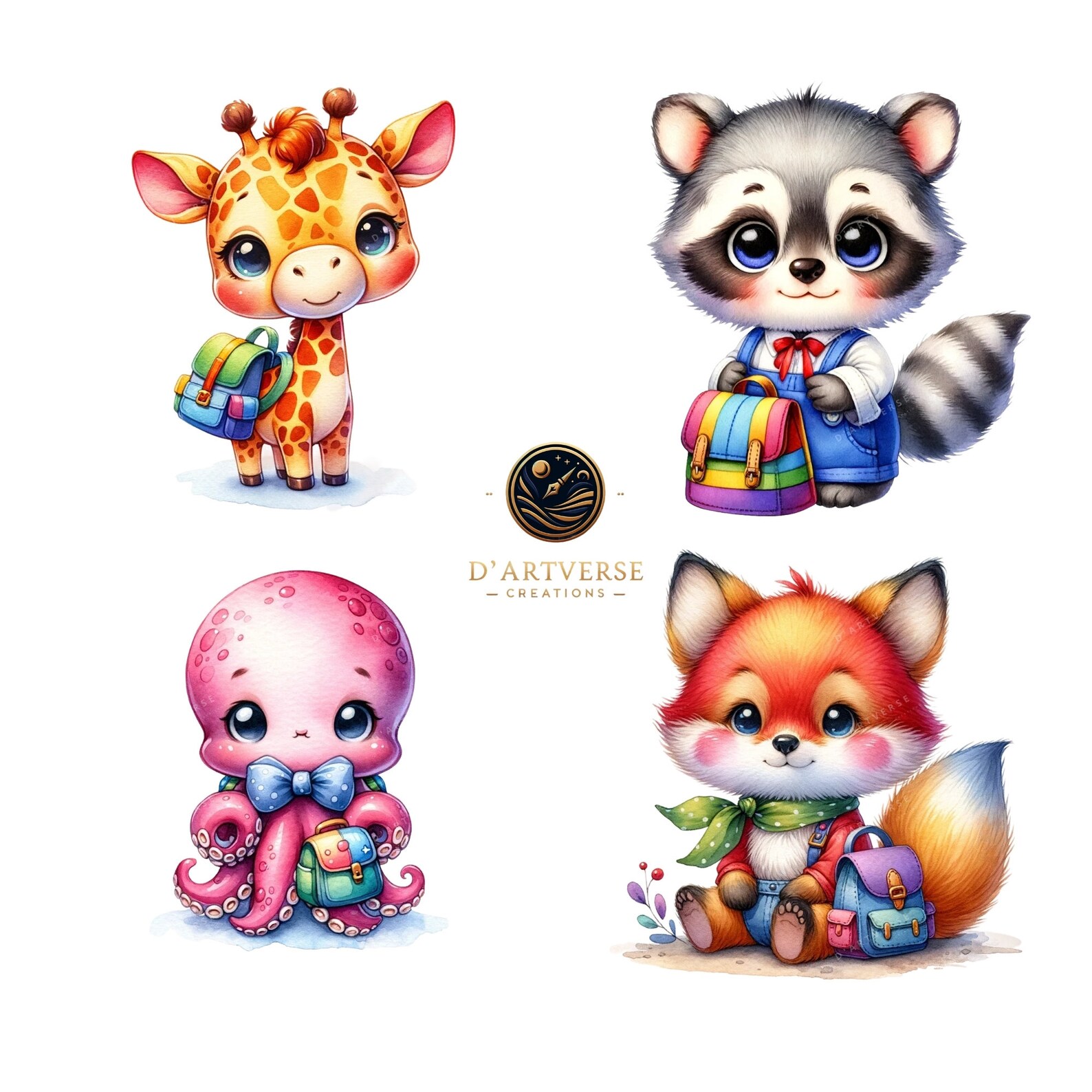 Watercolor School Animals Clipart Cute Animal Graphics Back to School ...