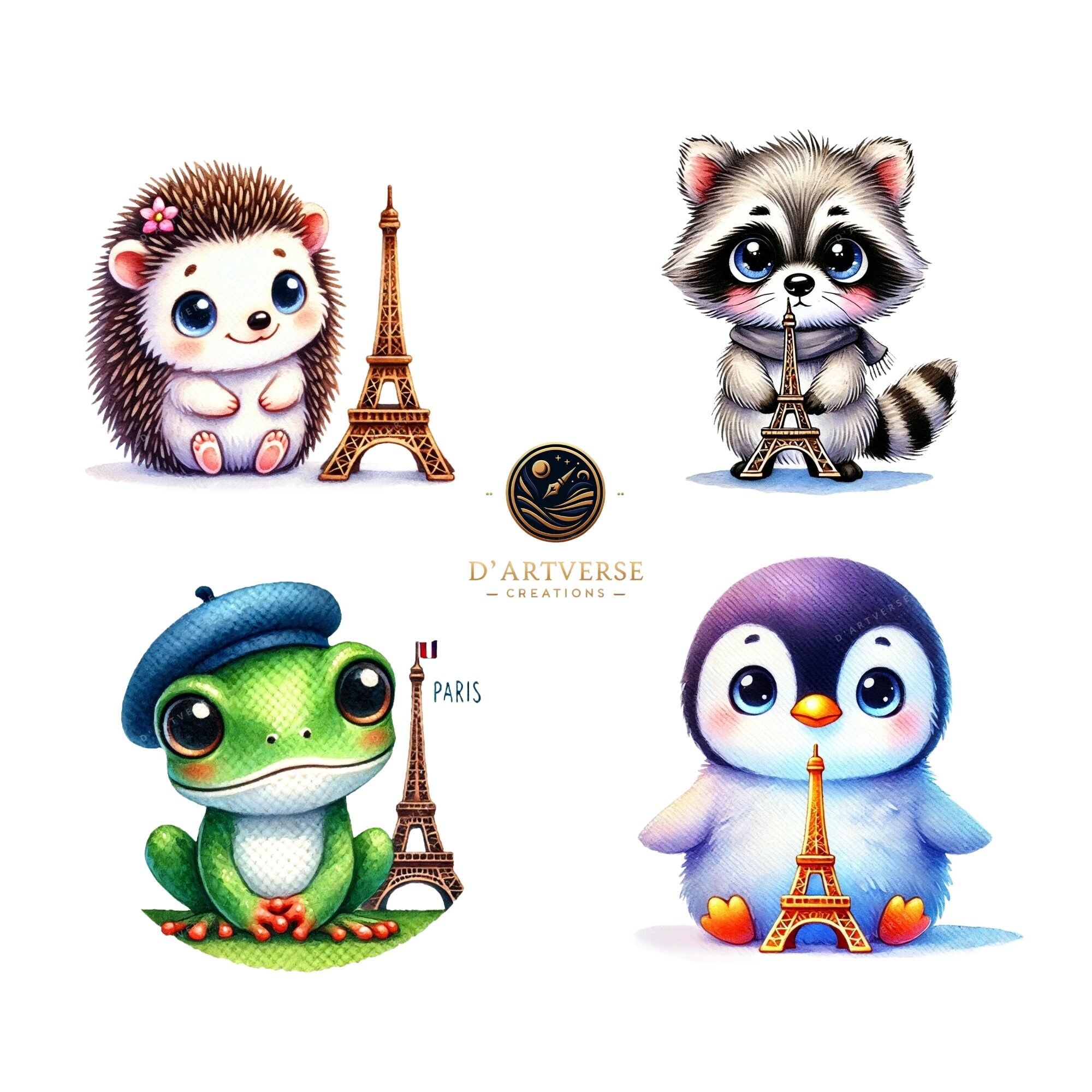 Watercolor Cute Animals Clipart Paris Theme Animal Graphic Eiffel Tower ...