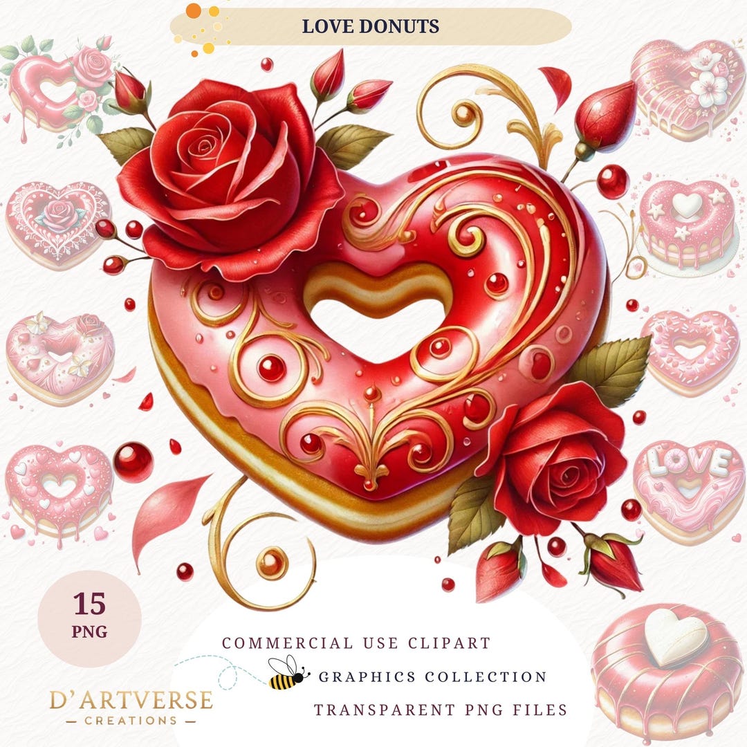 Valentine Donut Clipart Heart Shaped Graphics Red Rose Printable ...
