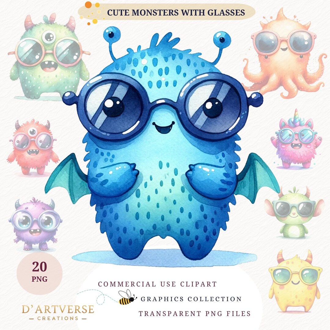 Cute Watercolor Monster Clipart Bundle Fantasy PNG Monster With Glasses ...