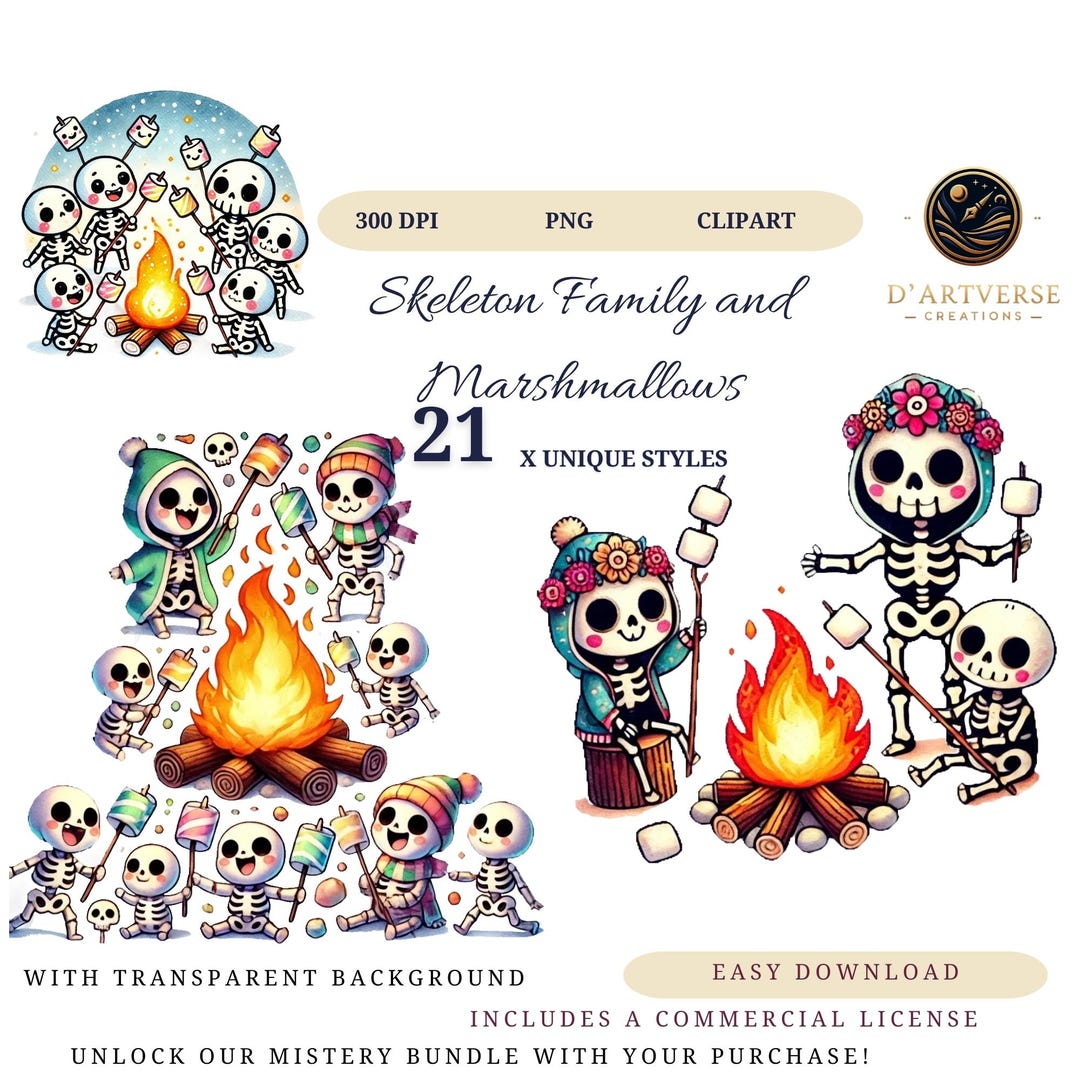 Watercolor Skeleton Family Clipart Marshmallow Campfire PNG Halloween ...