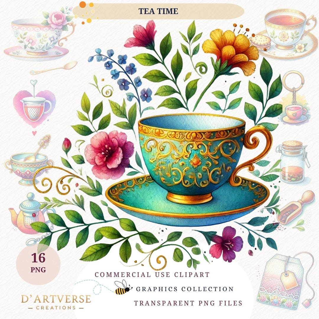 Floral Tea Clipart Bundle Watercolor Teacup and Vintage Teapot PNG Tea ...
