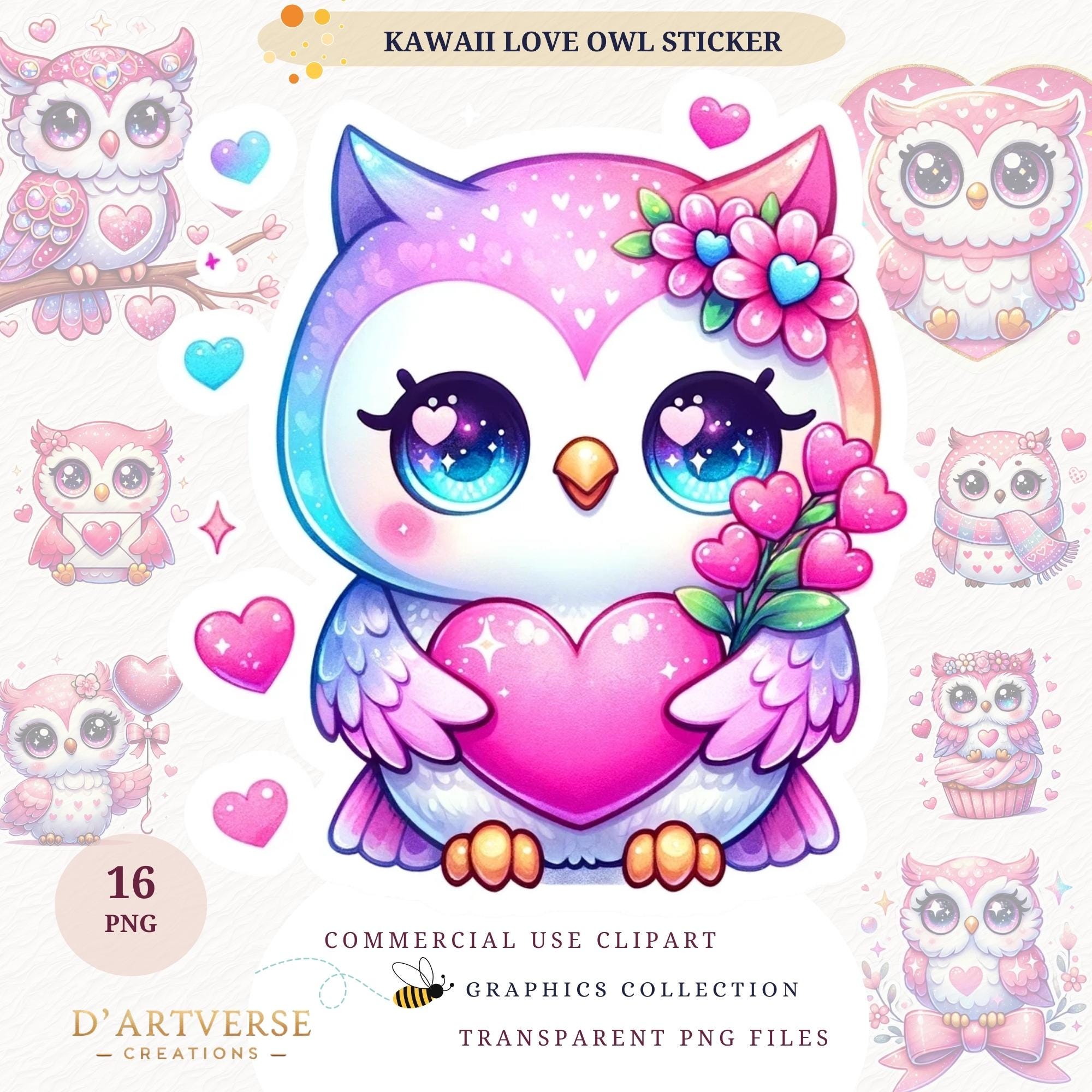 Kawaii Love Owl Stickers Watercolor Valentine Clipart Cute Baby Owl PNG ...
