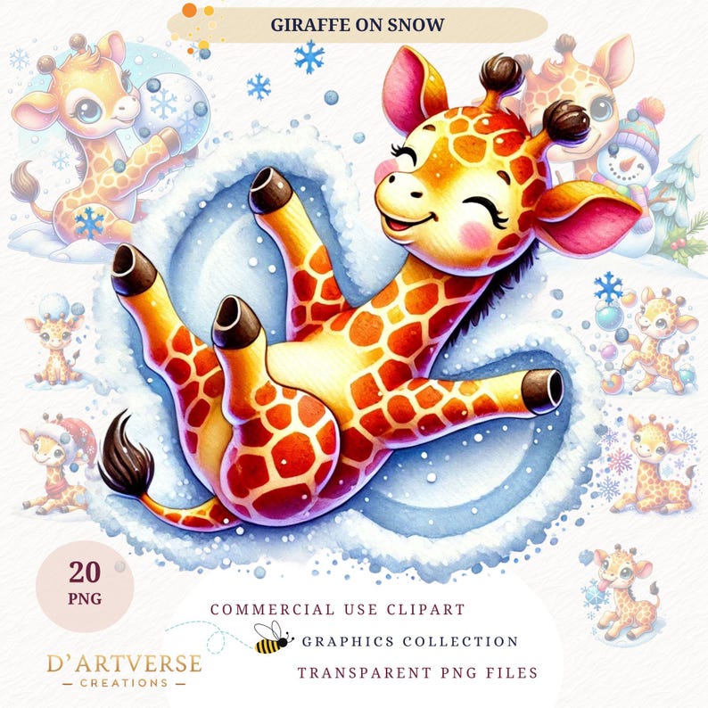 Watercolor Giraffe Winter Clipart Cute Animal Snow PNG Digital Download ...