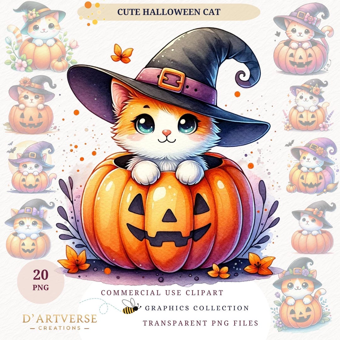Watercolor Halloween Cat Clipart Set Cute Witch Cat and Pumpkin PNG ...