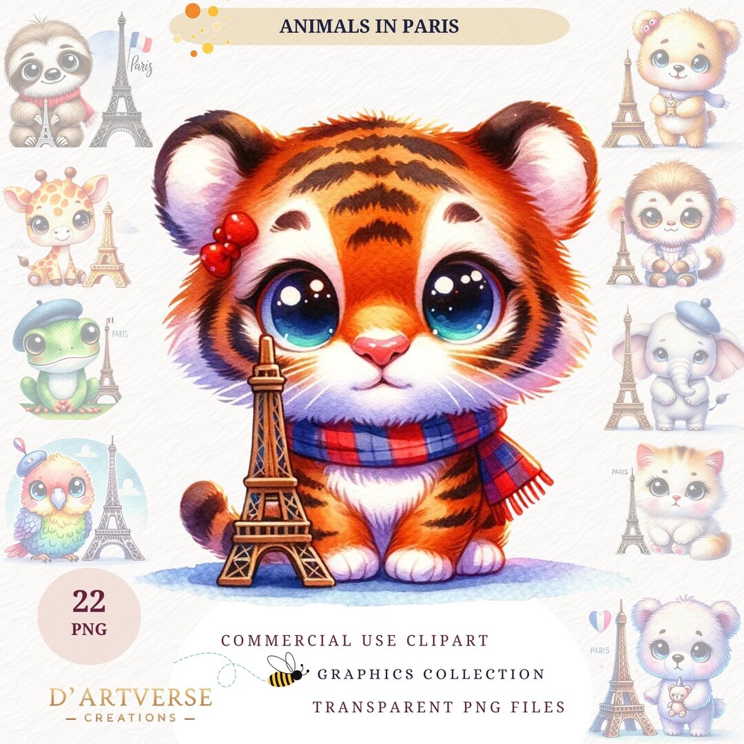 Watercolor Paris Animals Clipart Set Cute Eiffel Tower PNG Digital ...
