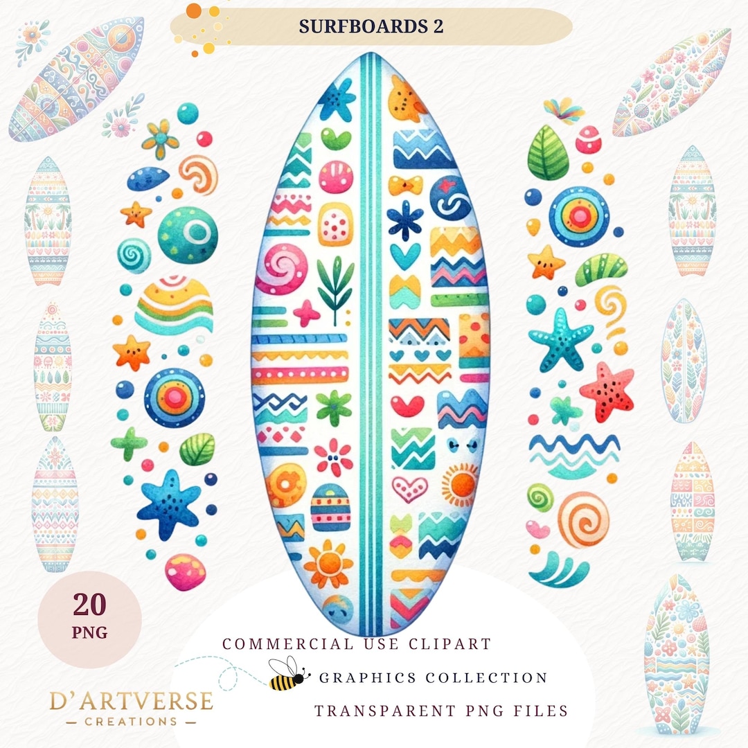 Watercolor Surfboard Clipart Bundle Beach Surfing PNG Digital Download ...