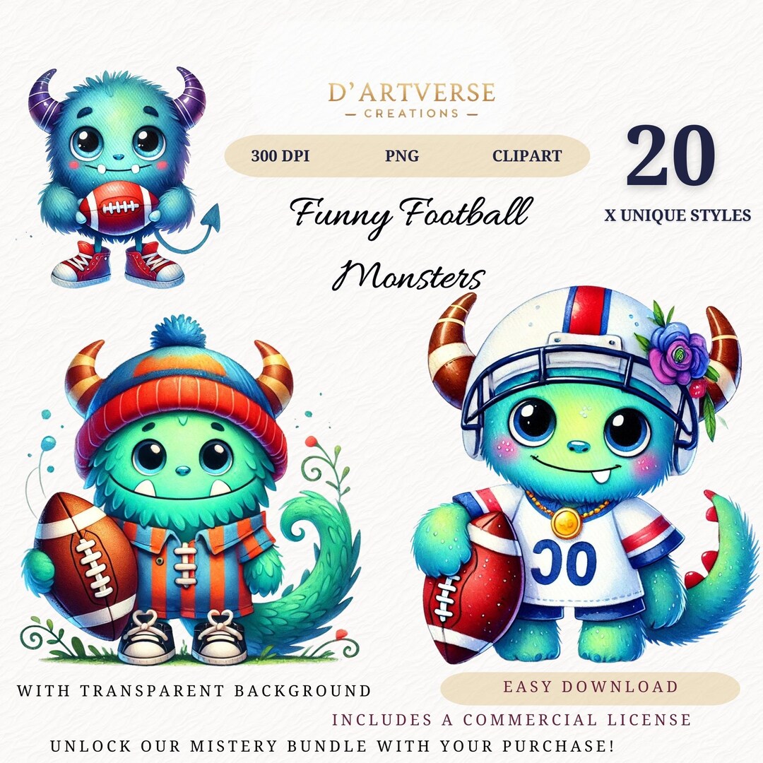 Funny Football Monster Clipart Bundle Watercolor Cute Printable ...