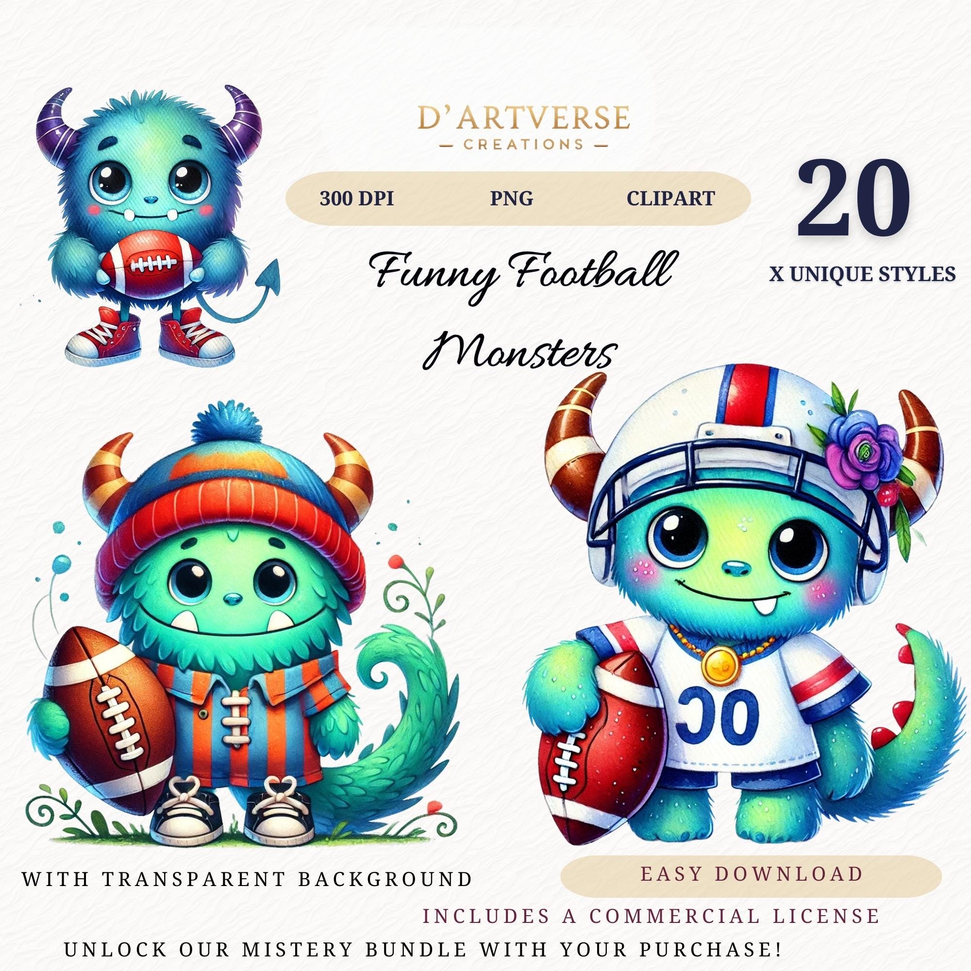 Funny Football Monster Clipart Bundle Watercolor Cute Printable ...