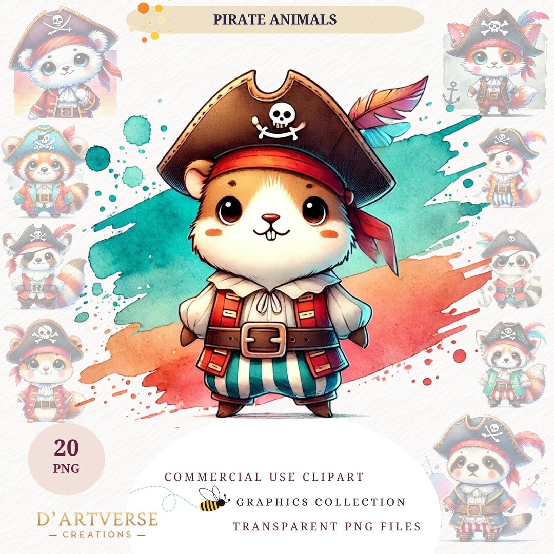 Watercolor Pirate Animal Clipart Cute Ocean Adventure Kids Nursery ...