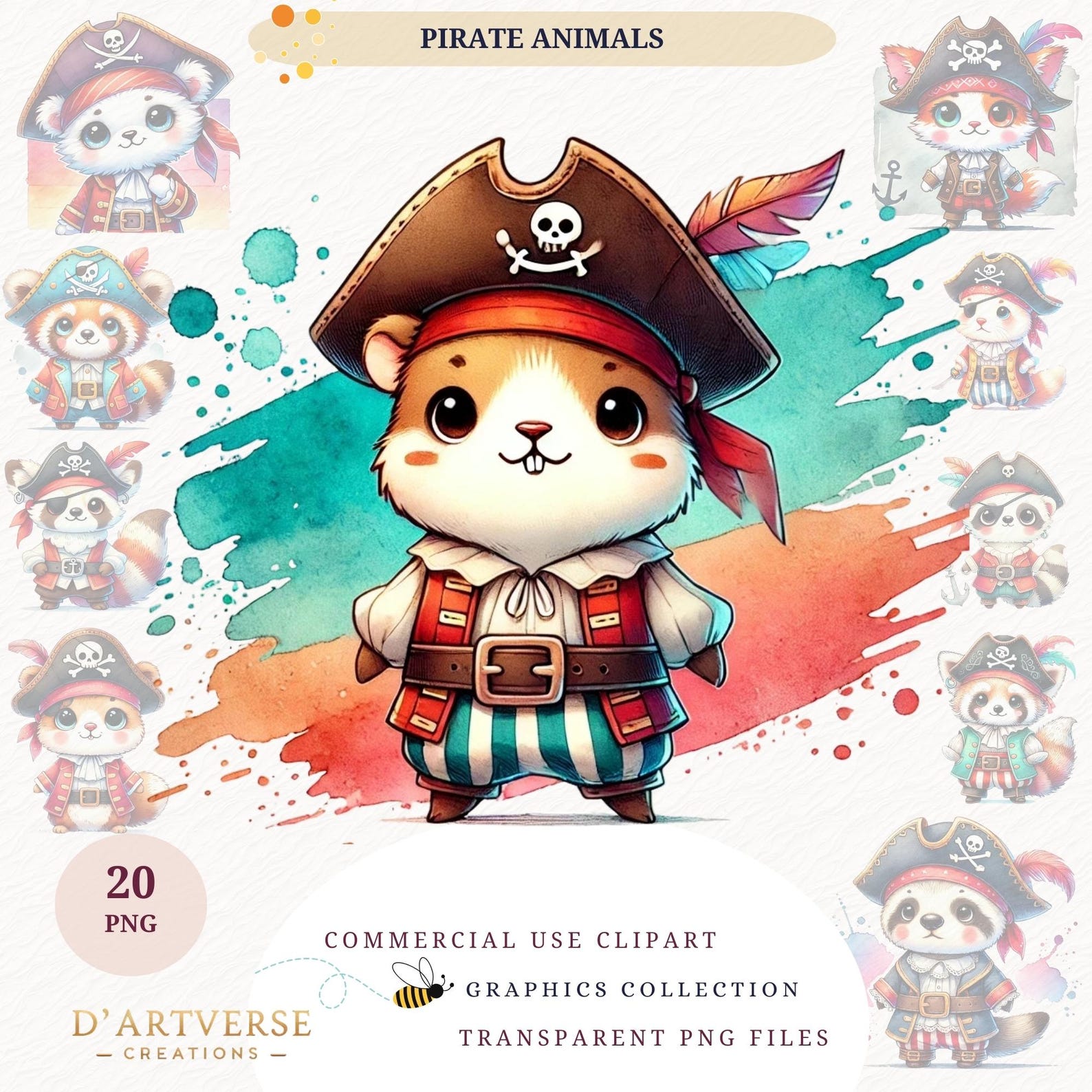 Watercolor Pirate Animal Clipart Cute Ocean Adventure Kids Nursery ...