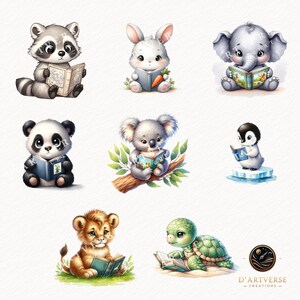 Cute Animals Reading Clipart Book Watercolor Animal Graphics PNG ...