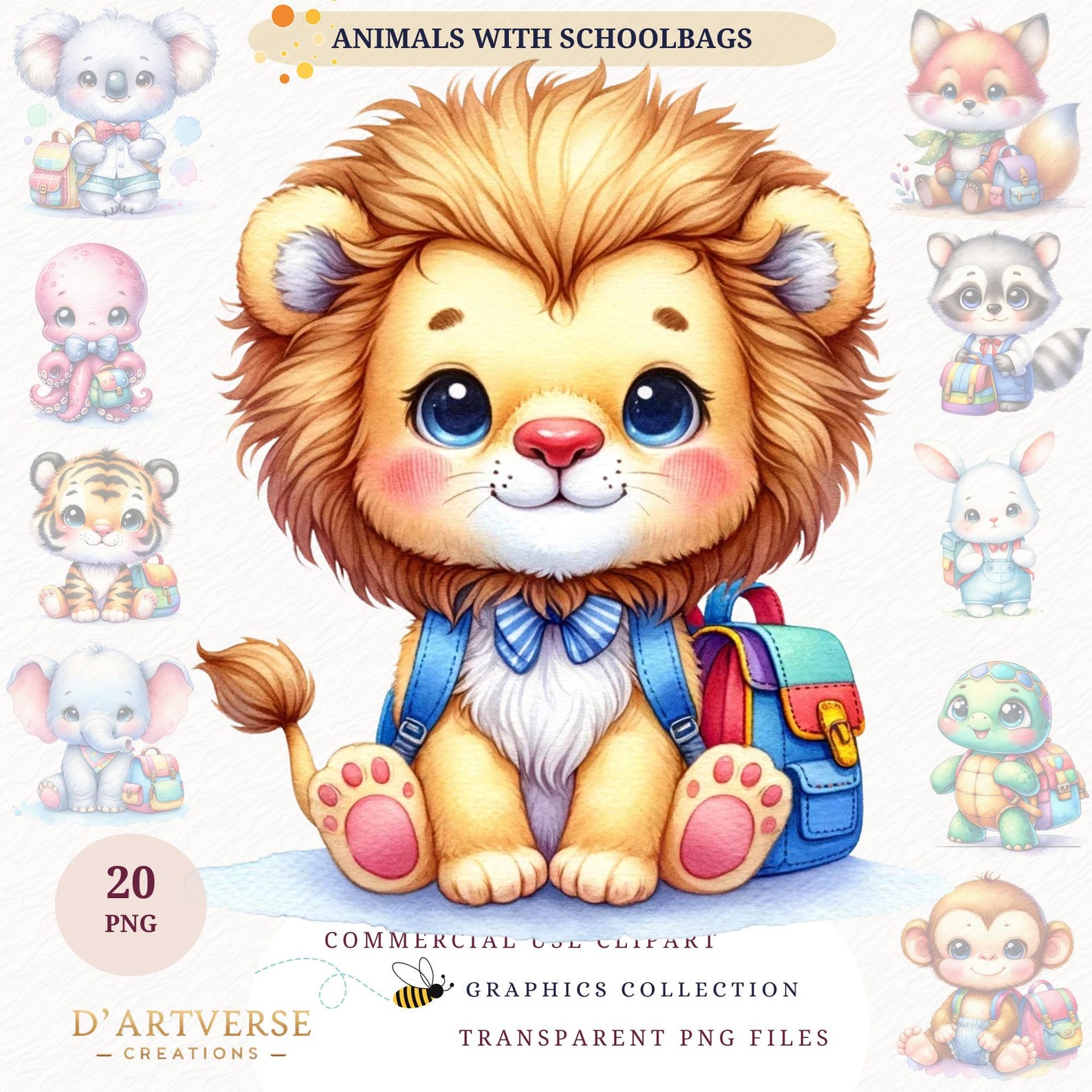 Watercolor School Animals Clipart Cute Animal Graphics Back to School ...