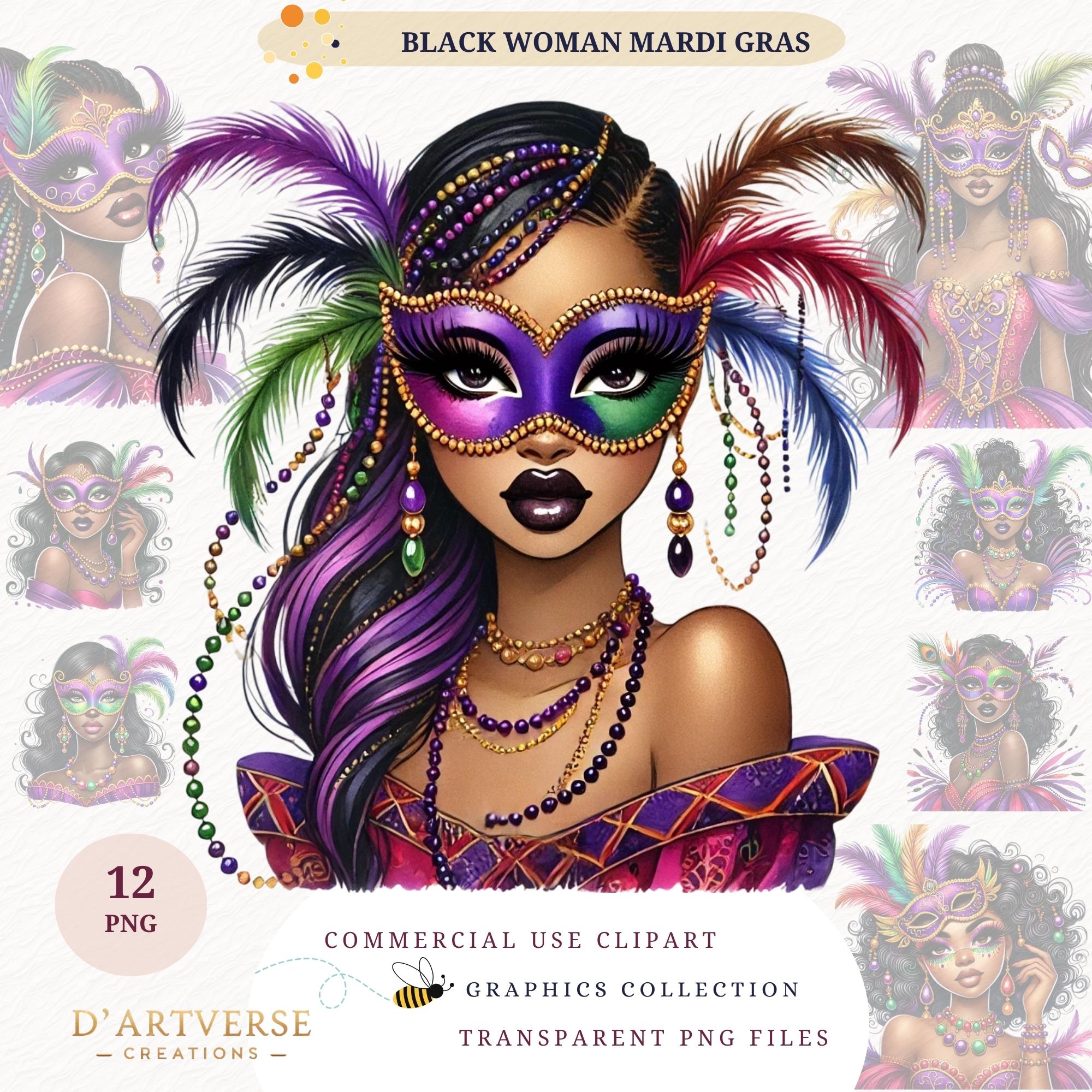 12 Mardi Gras Black Woman Clipart African American Carnival Dancer ...