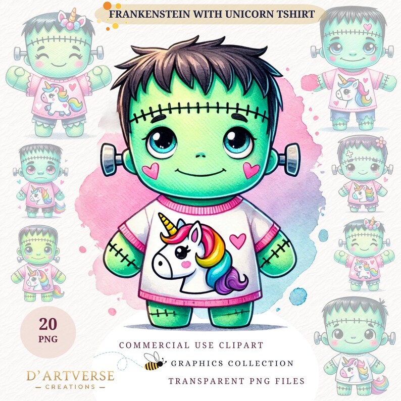 Frankenstein Halloween Clipart Cute Monster With Unicorn Shirt PNG ...
